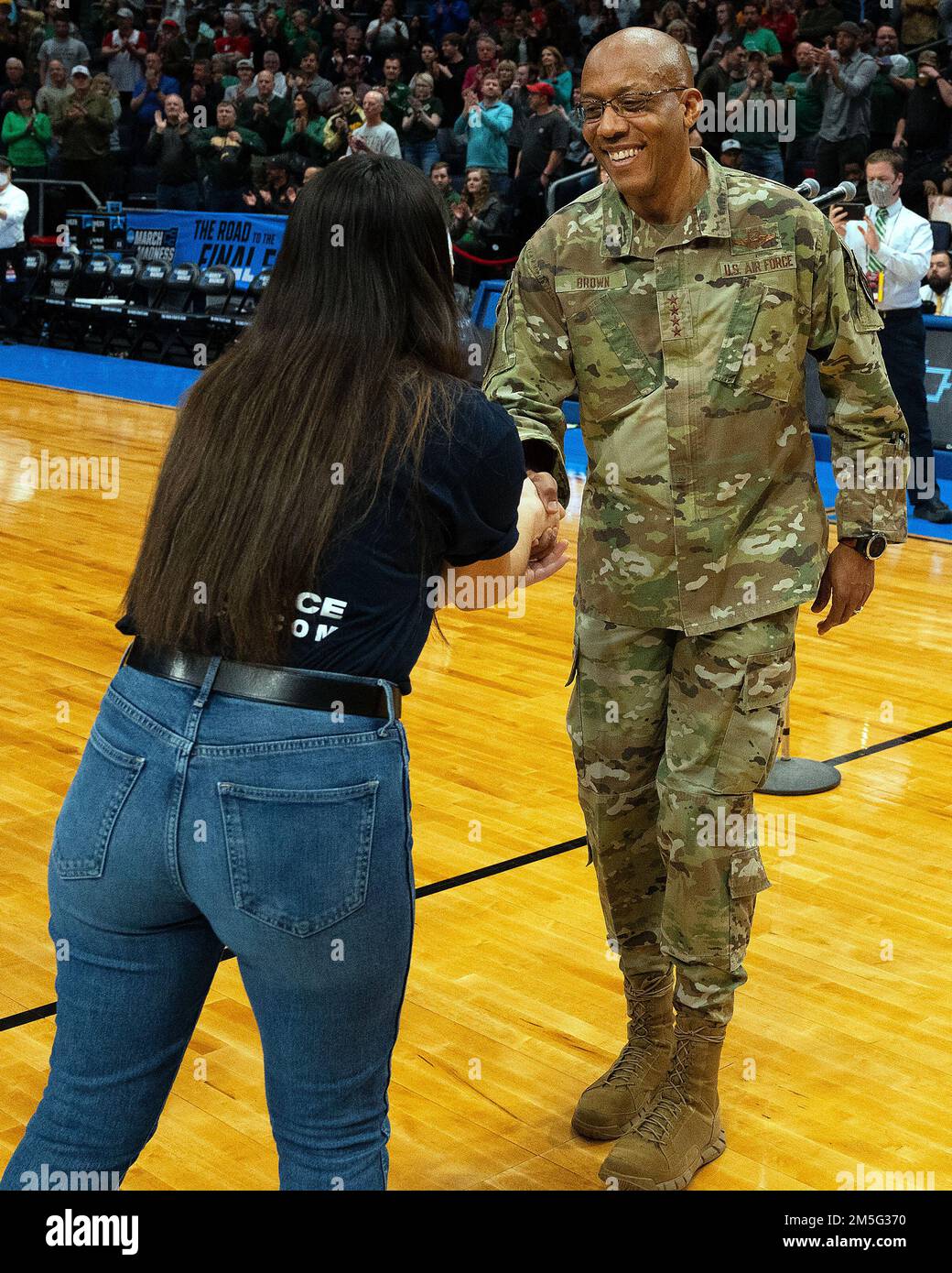 Air Force Chief of Staff Gen. CQ Brown, Jr. congratulates an Air Force ...