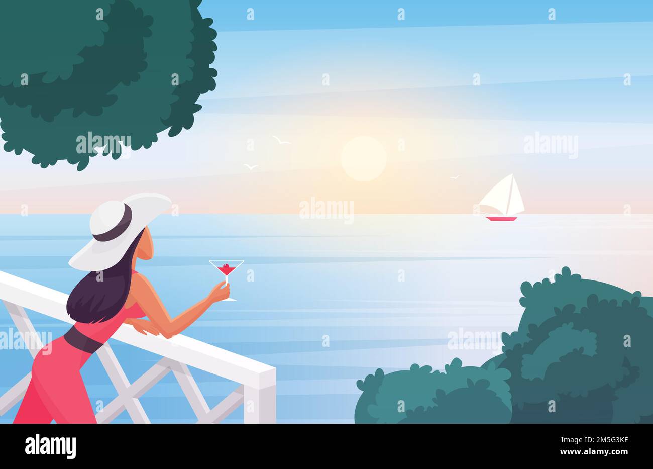 Woman enjoying sunset vector illustration. Cartoon young female ...