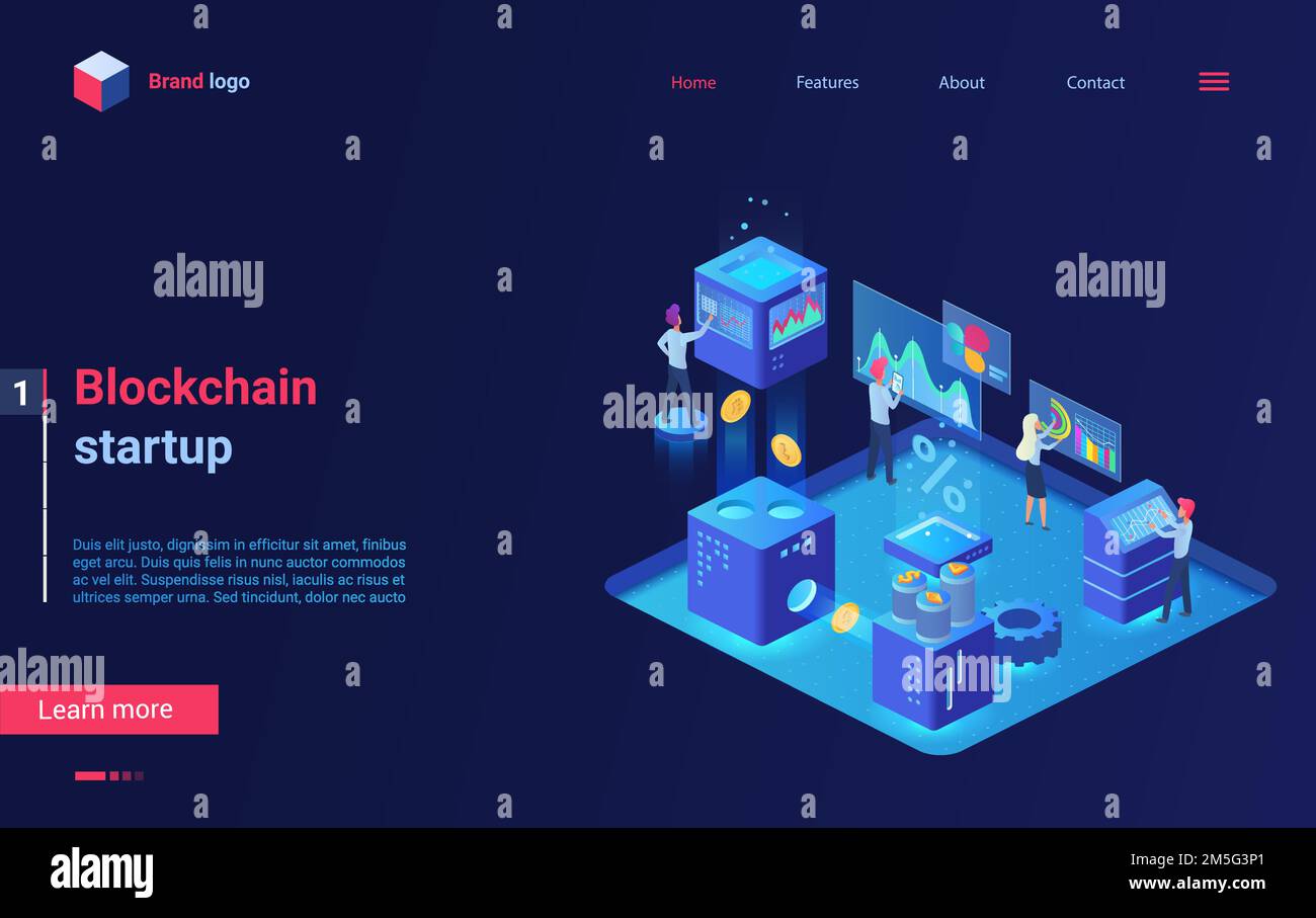 Blockchain cryptocurrency startup technology isometric landing page design, cartoon 3d money ...