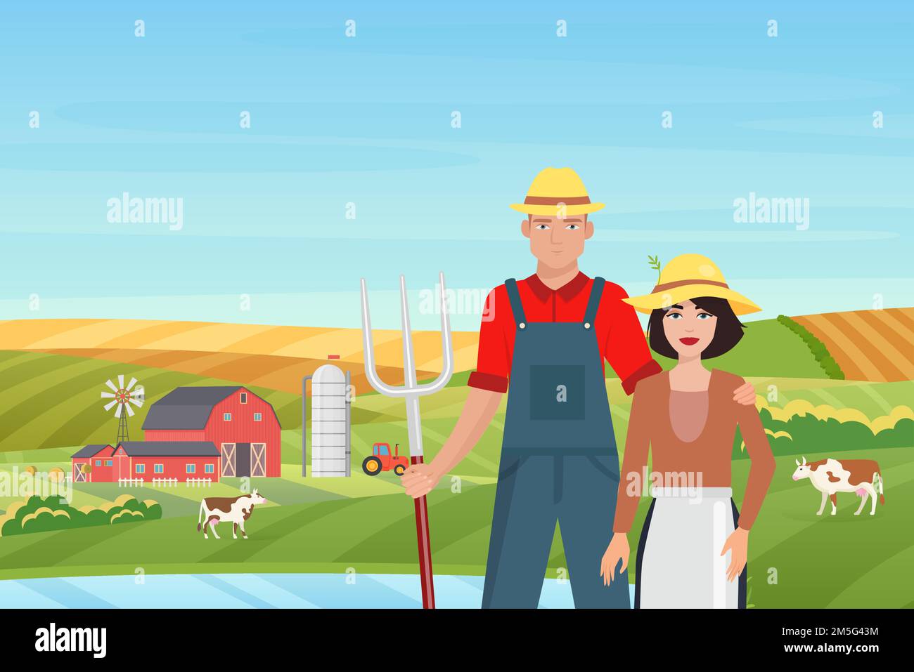 Farmers people and farm landscape vector illustration. Cartoon couple ...