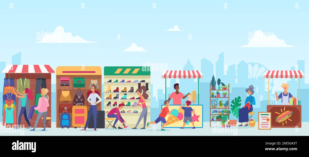Street clothing and food open air market sidewalk marketplace in ...