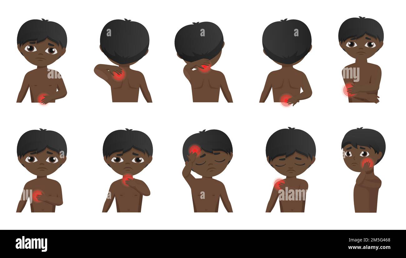 Various painful points set. Little black african american boy kid ...