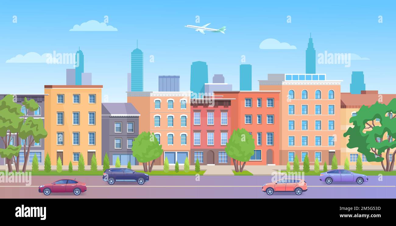 Landscape urban city NY buildings, panorama view of streetscape with ...