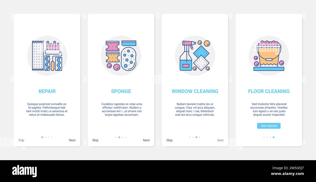 Cleaning accessories tools vector illustration. UX, UI onboarding ...