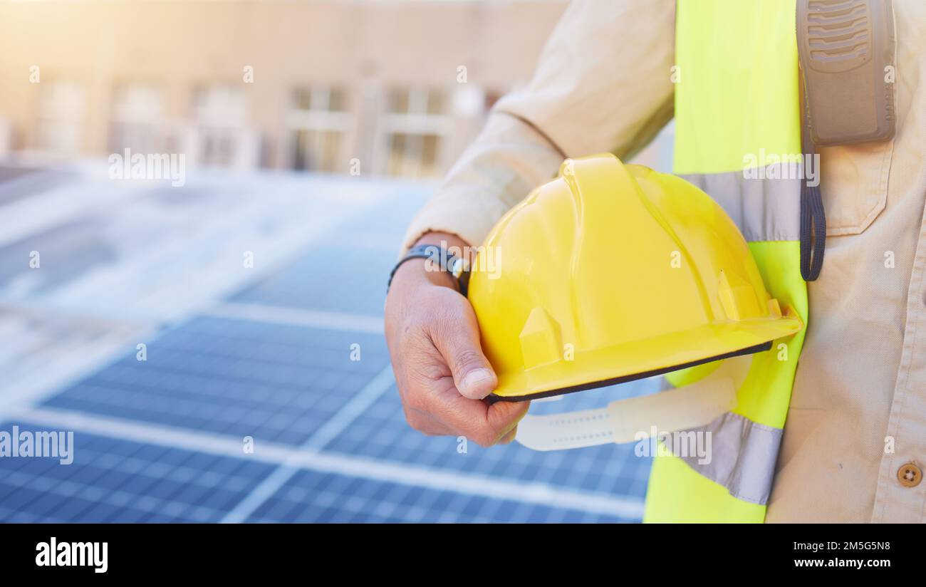 Engineering, solar energy or hand with helmet for safety while working ...