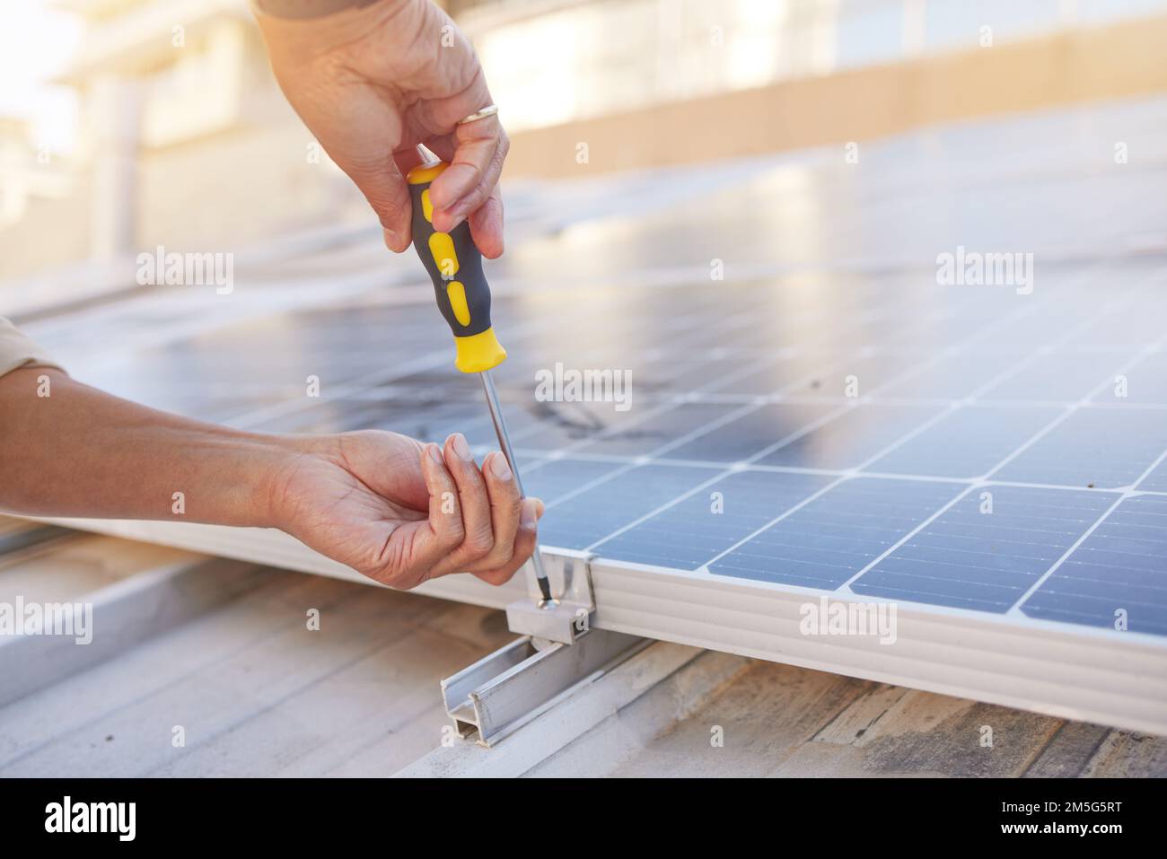 Engineer, hands and solar panel with maintenance, working and industry ...