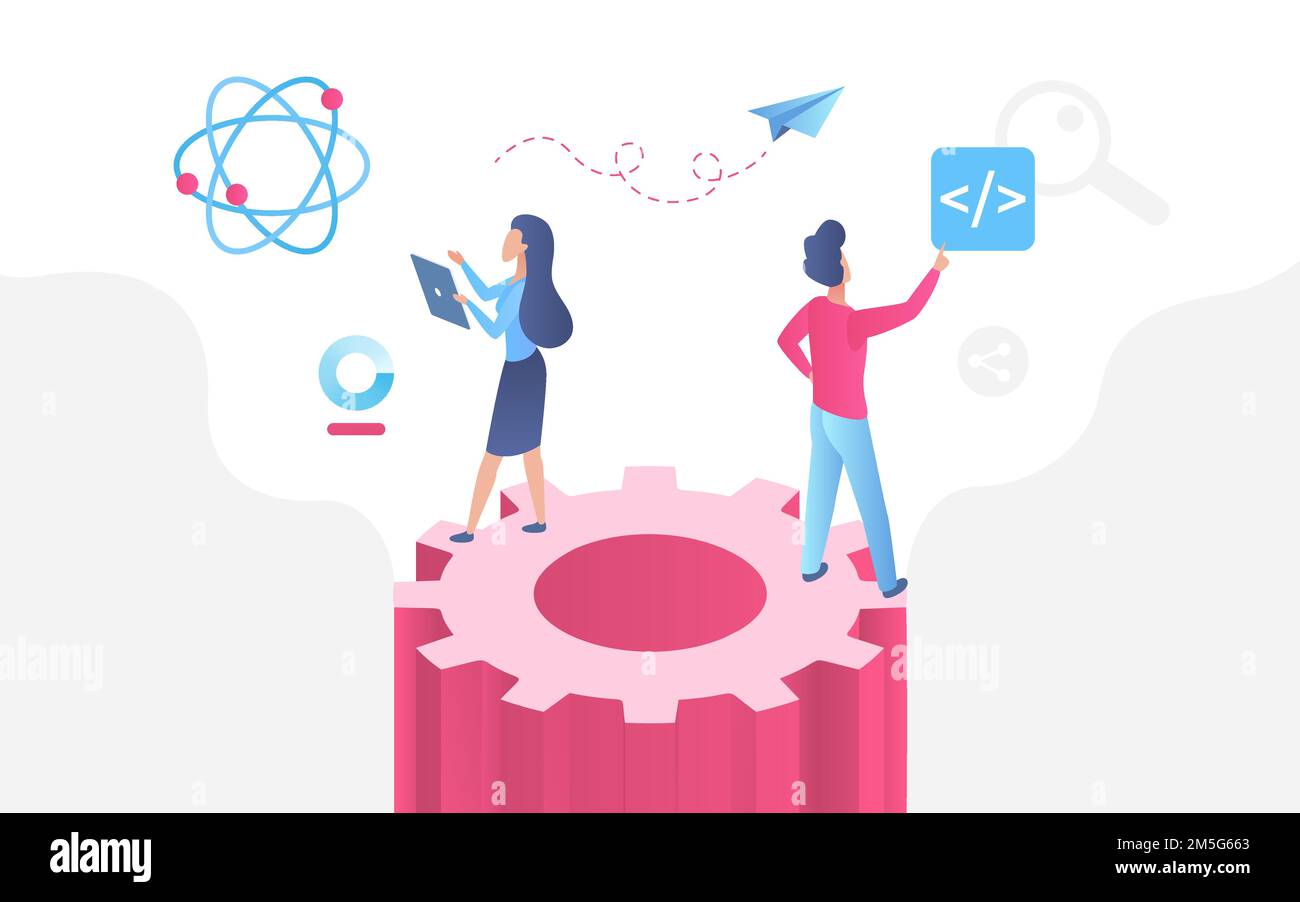 Working process abstract technology vector illustration. Cartoon man ...