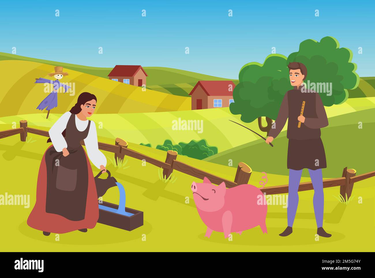 Medieval farmer family or couple people work in village vector ...