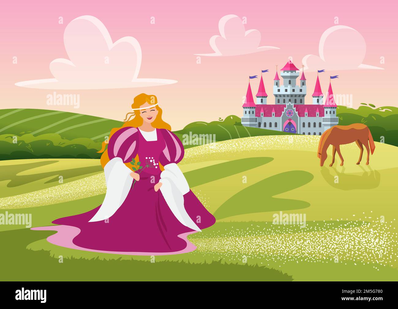 Beautiful princess with flowers vector illustration. Cartoon happy ...