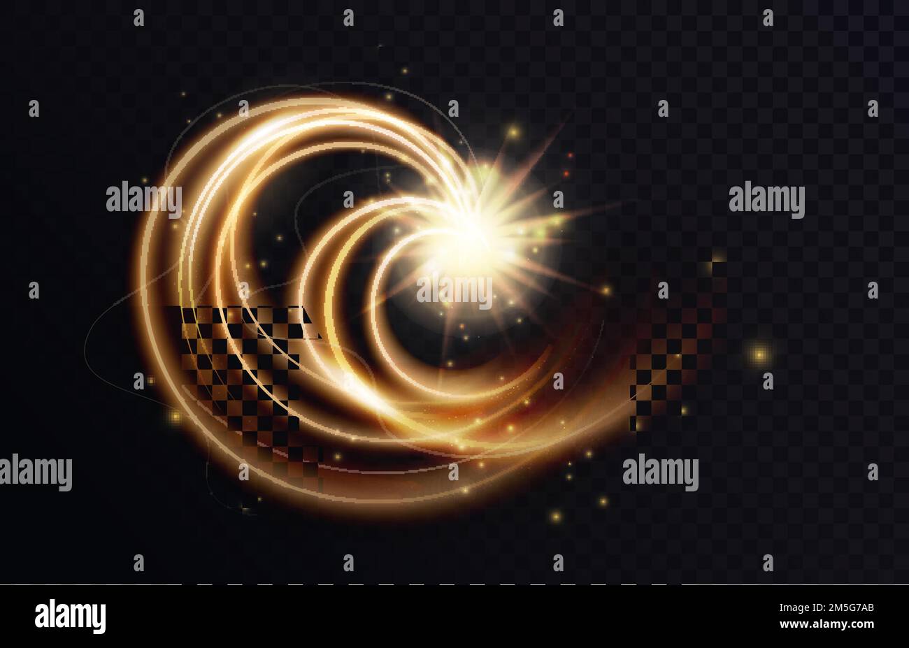 Golden luminous swirl shape, abstract light effect vector illustration. Luxury sparkling neon ...