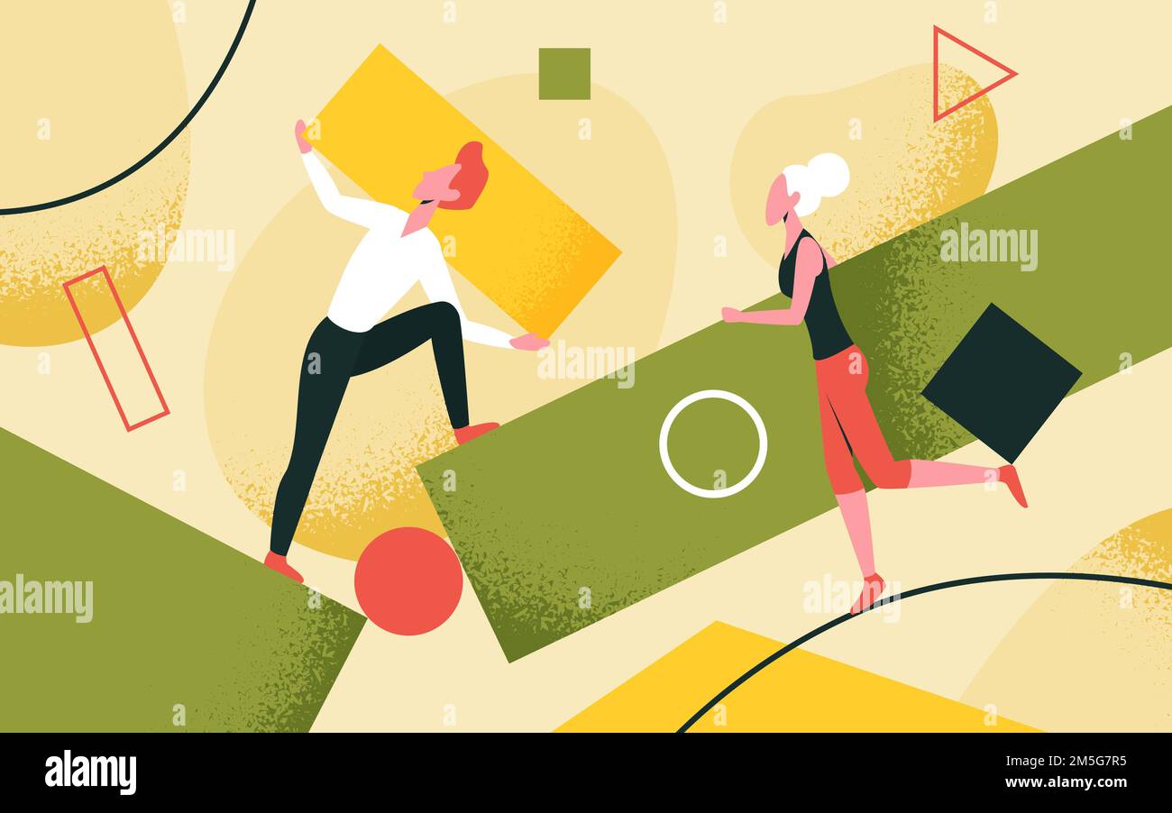 People collect scattered abstract geometric shapes teamwork vector ...