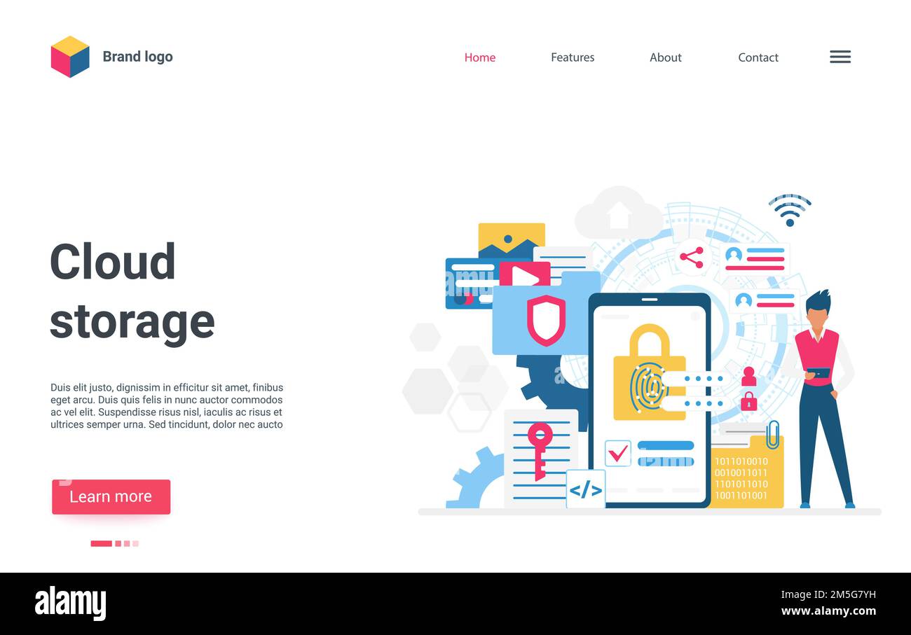 Cloud storage, cyber protection of information concept vector illustration. Cartoon tiny user ...