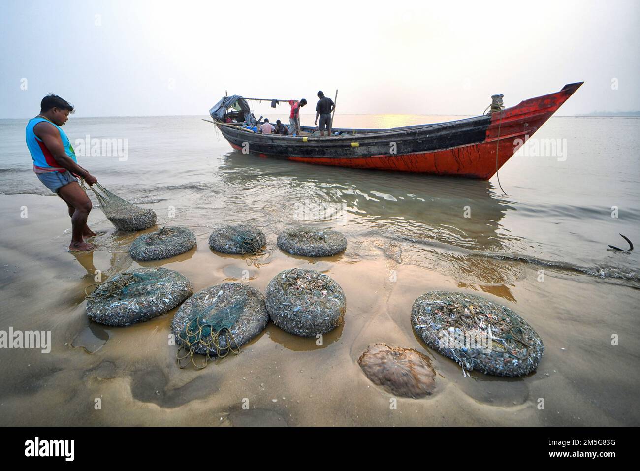 Fisherman seen carrying Fish buckets to processing & sorting hub at the ...