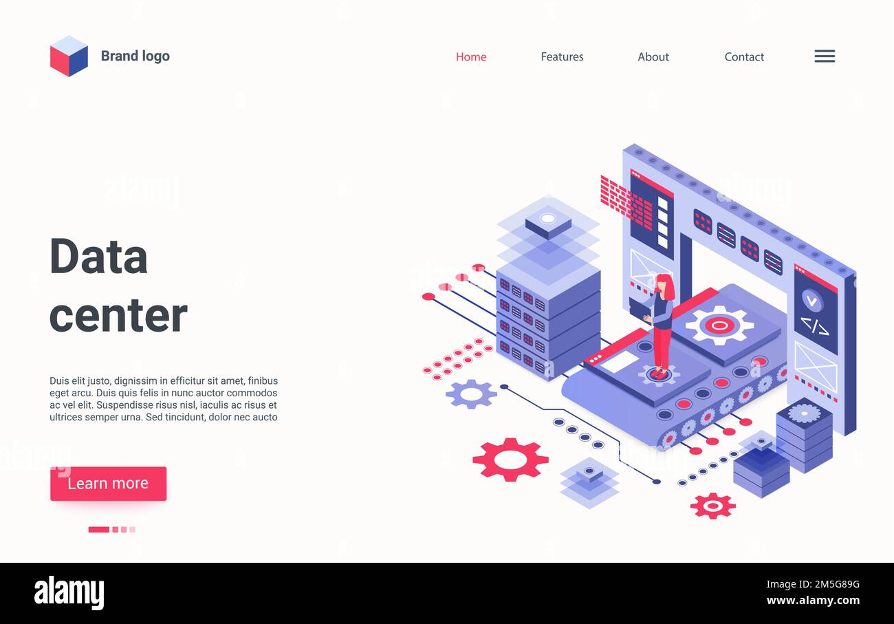 Data center technology isometric vector illustration. Cartoon 3d engineer admin character ...