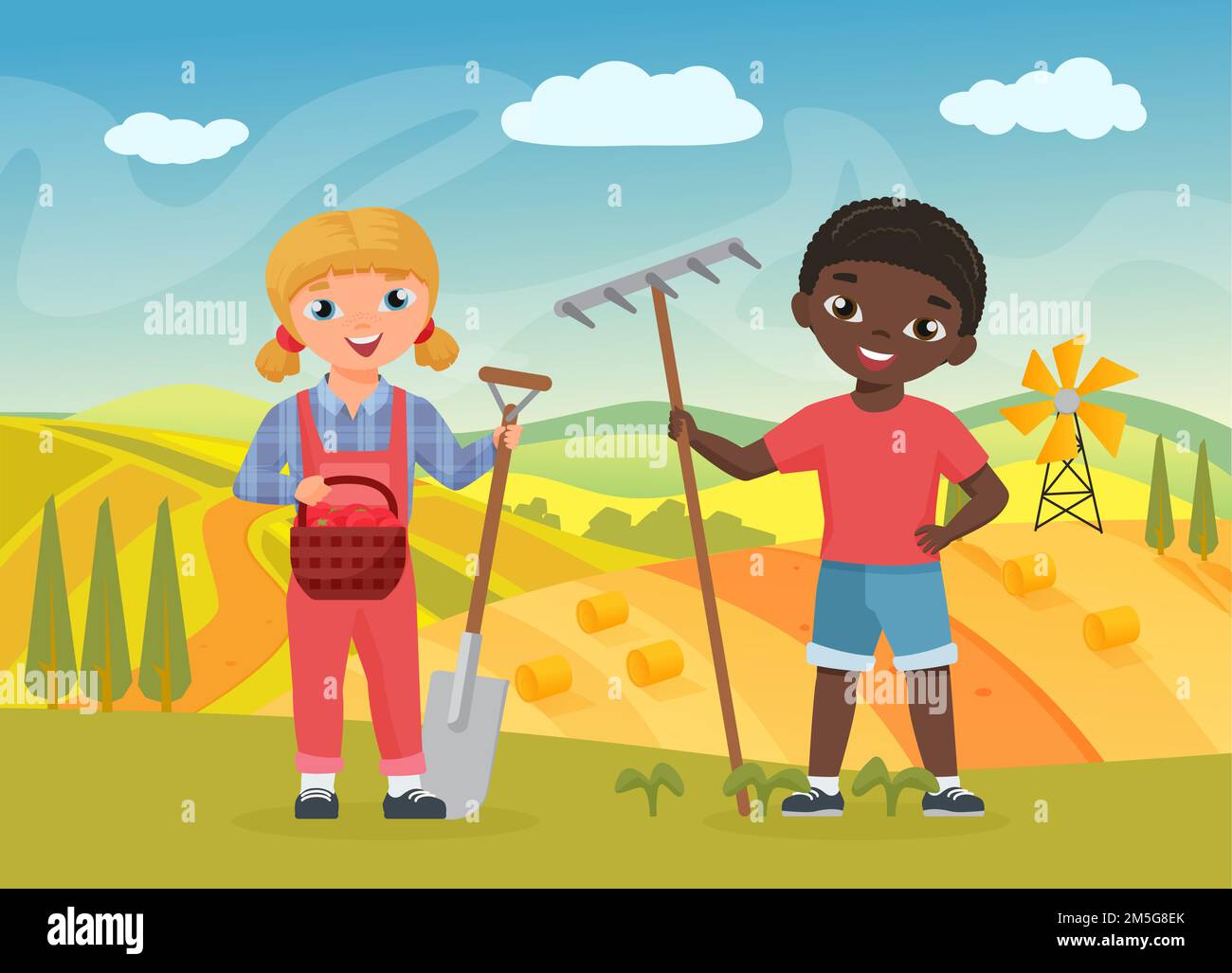Children farmers with work tools vector illustration. Cartoon funny boy ...