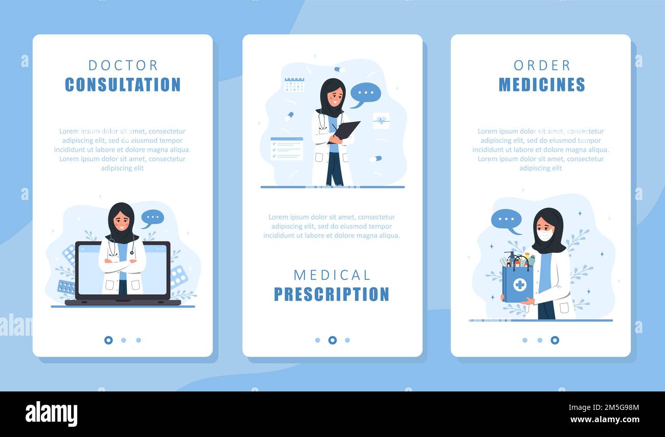 Online medicine service set. Arabian woman doctor giving virtual ...