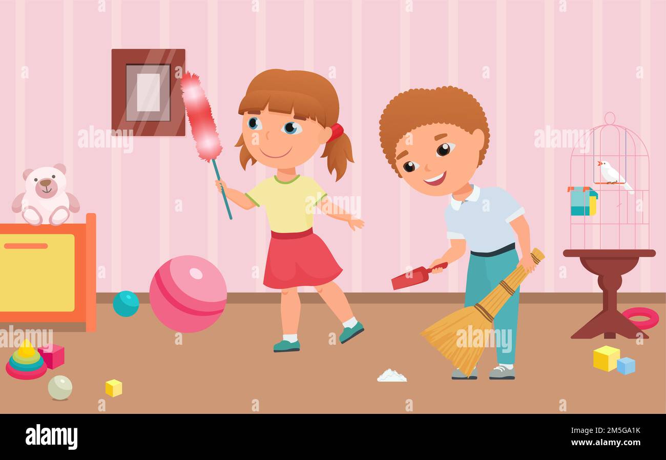 Children housekeeping, clean playroom housework vector illustration ...