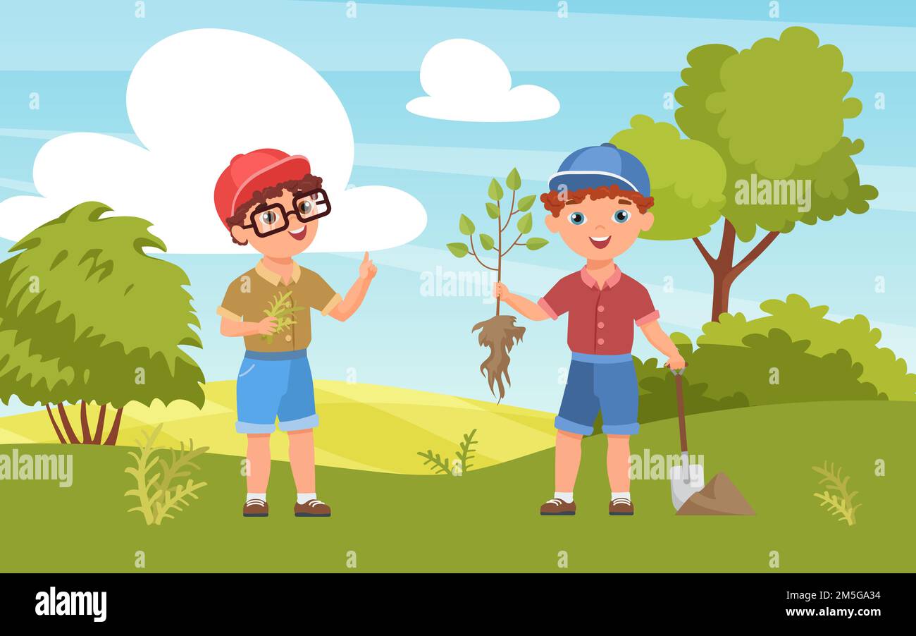 Children plant seedling vector illustration. Cartoon happy kid boy ...