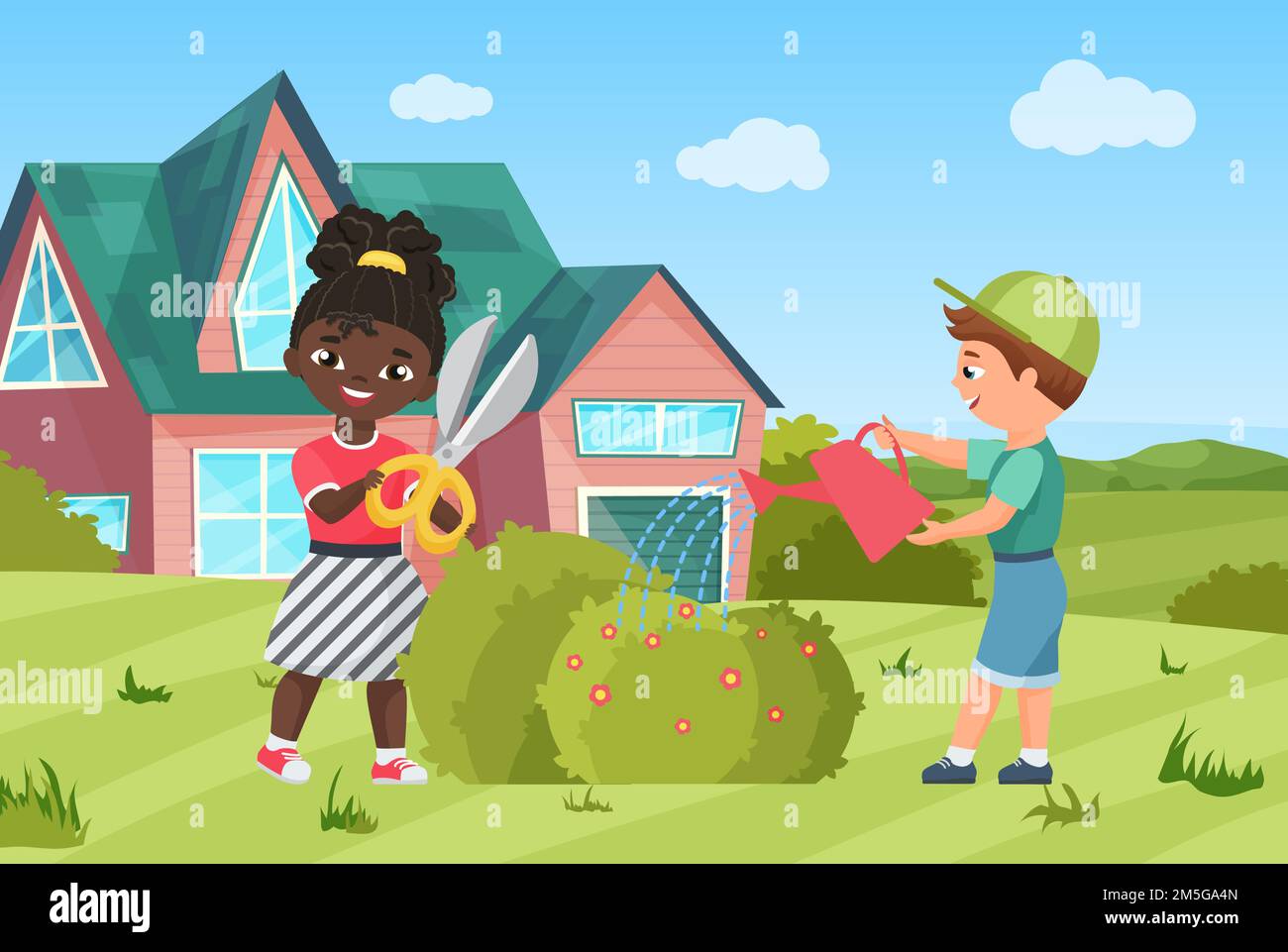 Happy gardener children water plant, cultivate bush in garden landscape ...