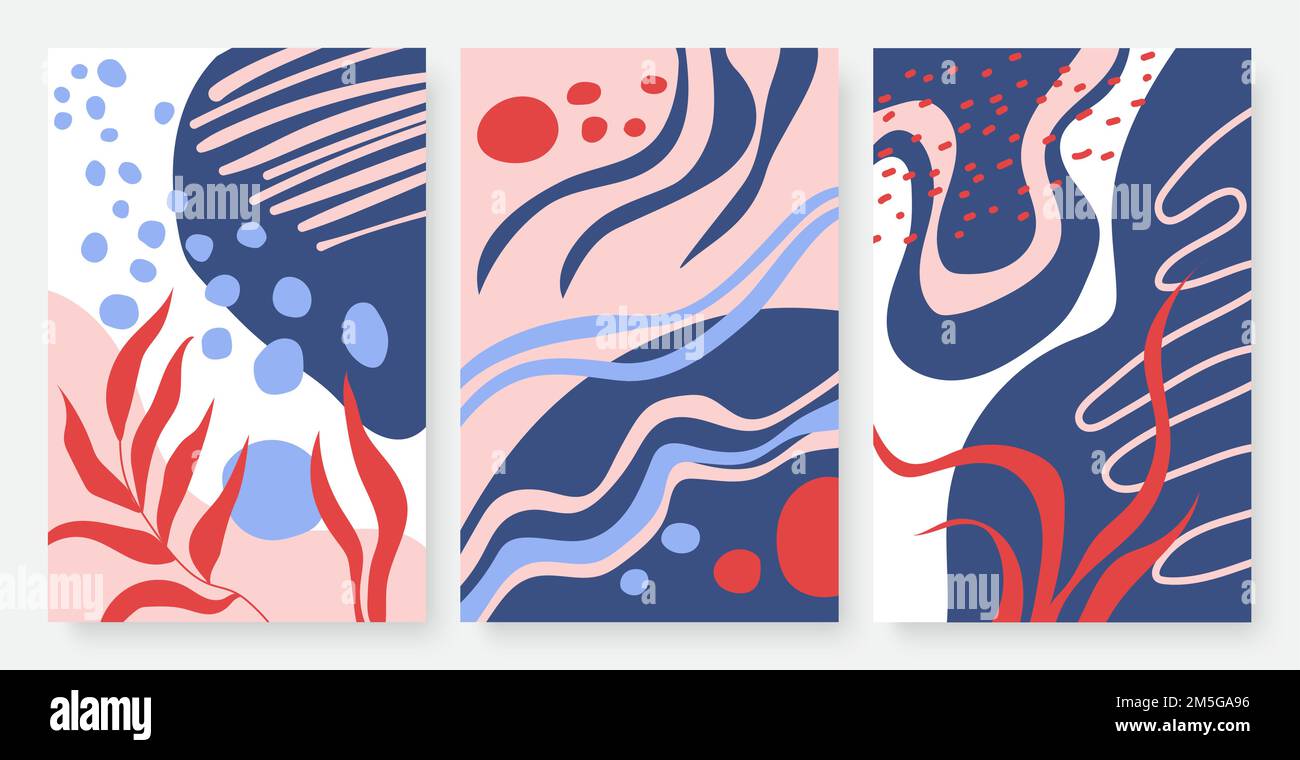 Dots, lines, curves and leaves vector illustration set. Trendy collage ...