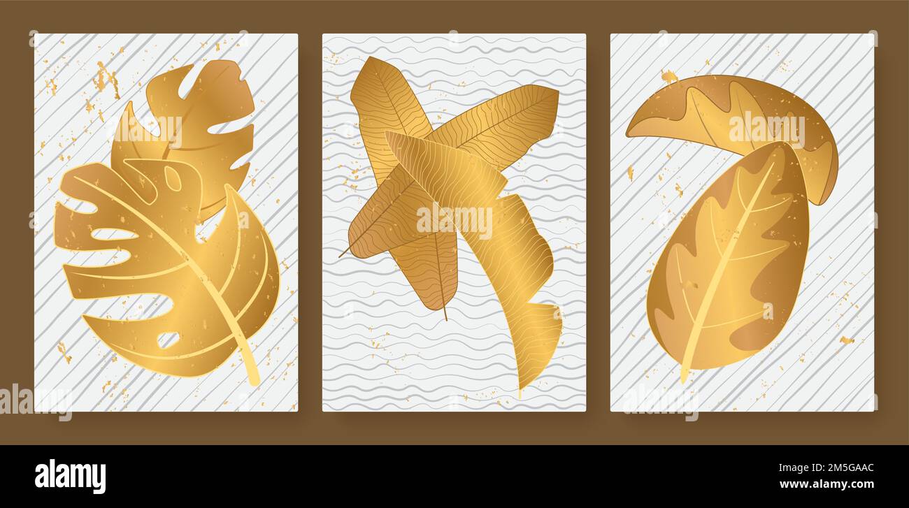Tropical golden leaves vector illustration set. Exotic luxury abstract ...