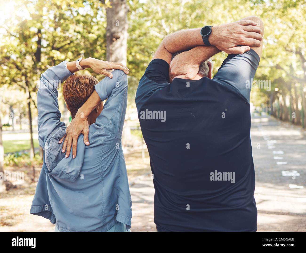 Back, couple and stretching outdoor exercise, fitness and training for ...