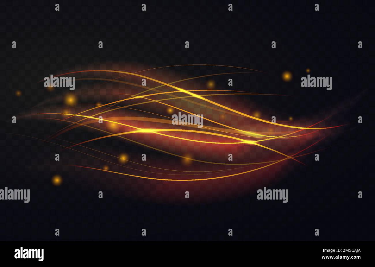 Golden luminous waves shapes and shining particles, abstract light effect vector illustration ...