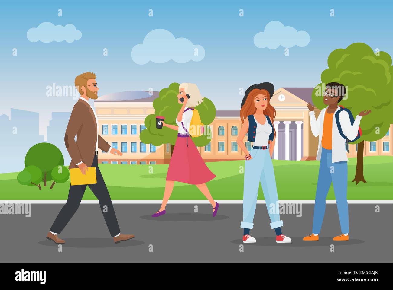 People walk near university campus in city landscape vector illustration. Cartoon cityscape with ...