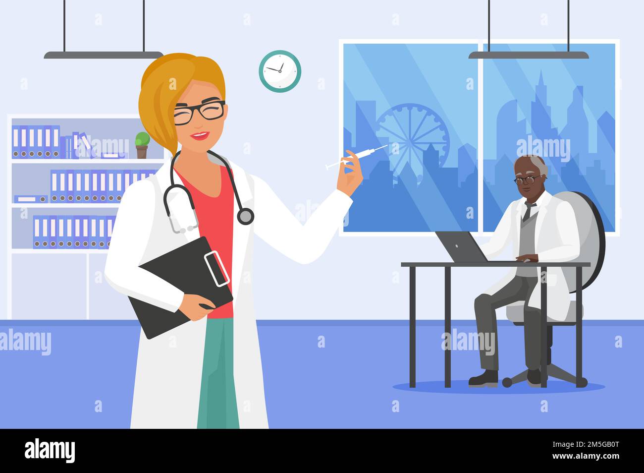 Medicine teamwork in hospital vector illustration. Cartoon woman nurse ...