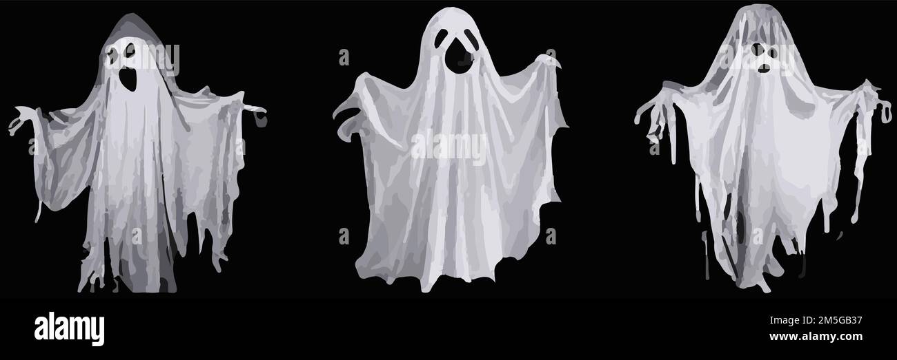 Creepy Halloween background with flying ghosts on black background ...