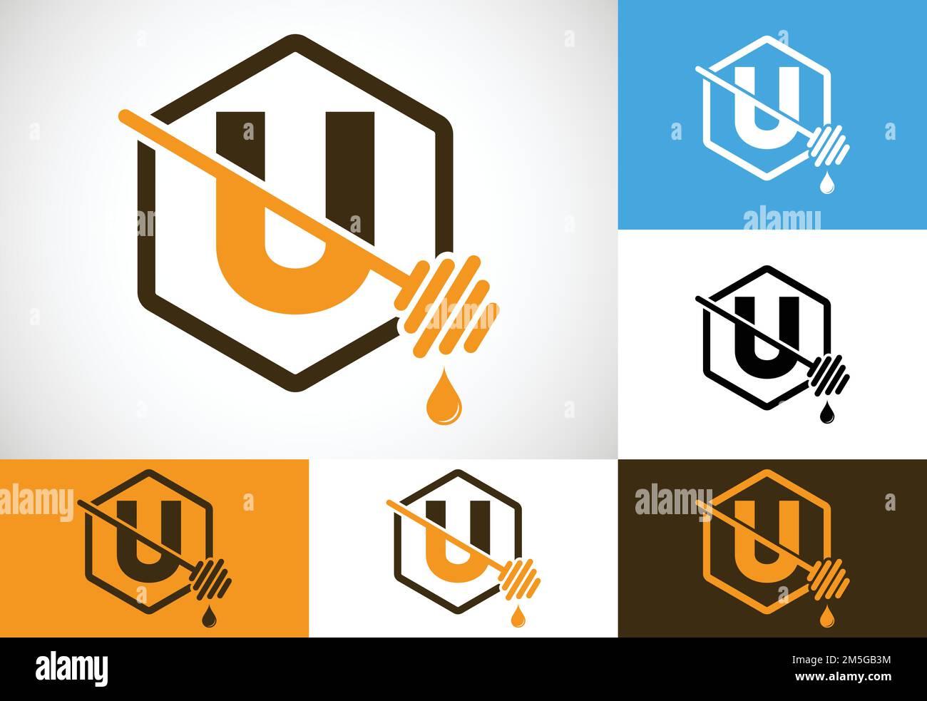 Initial letter U with honeycomb bees logo design vector illustration ...