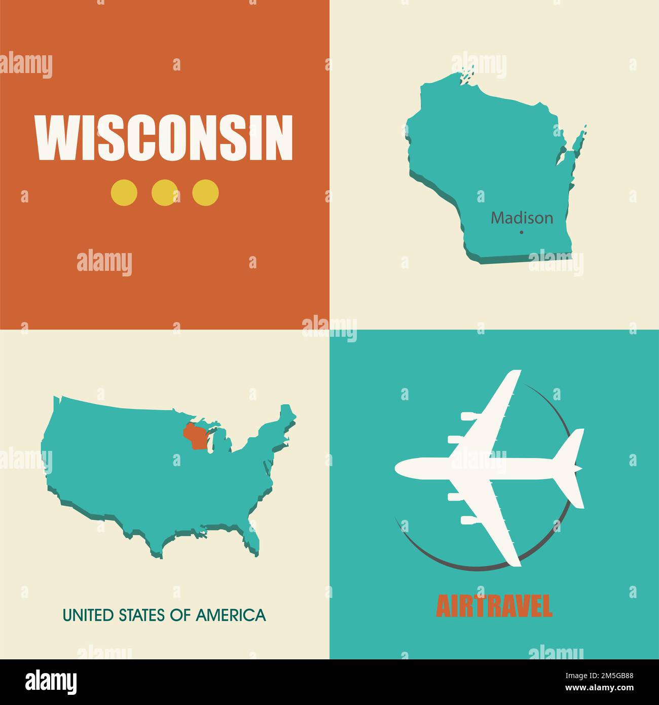 flat design with map Wisconsin concept for air travel Stock Vector ...
