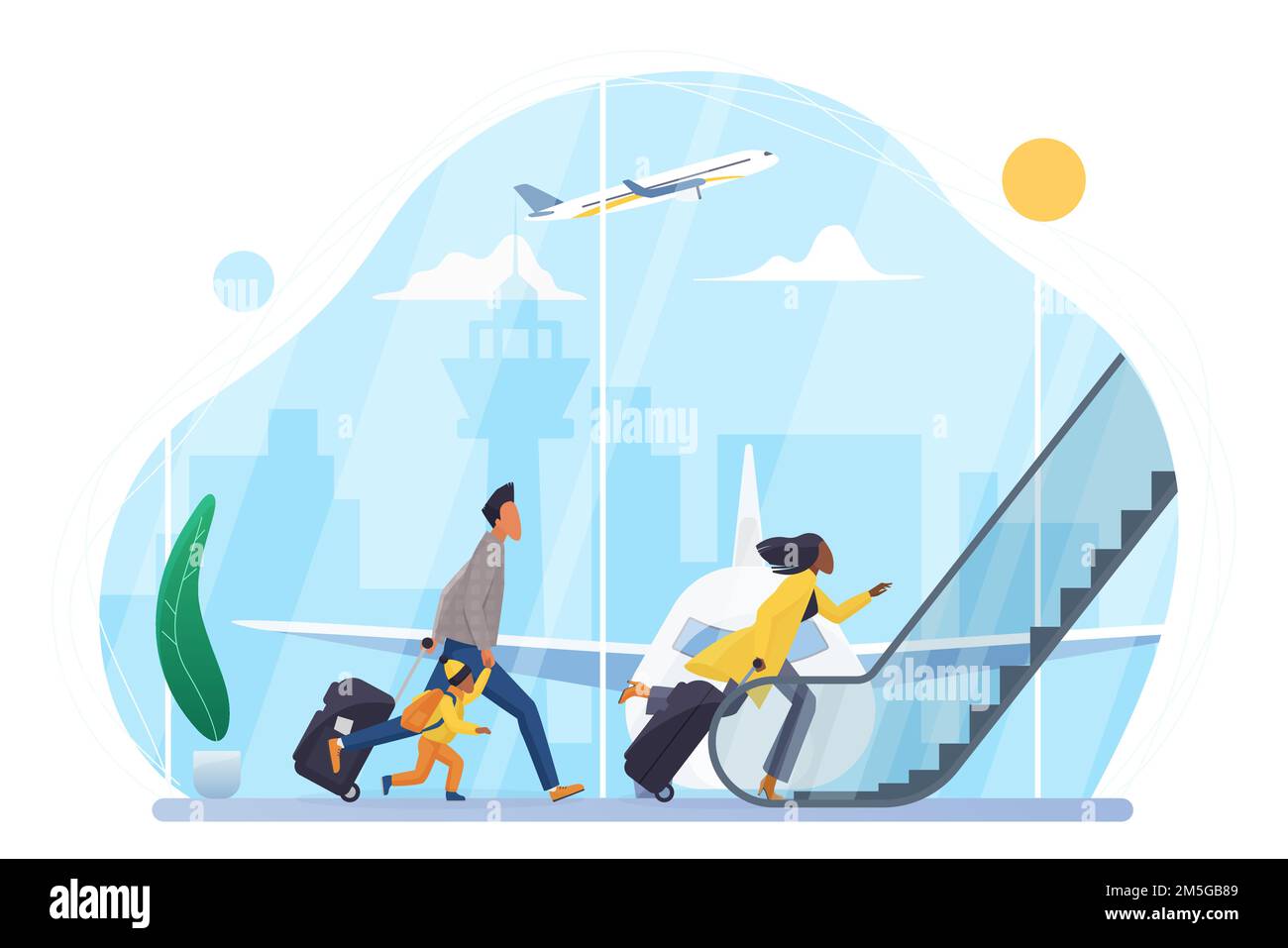 People hurry to board airplane in airport vector illustration. Cartoon ...