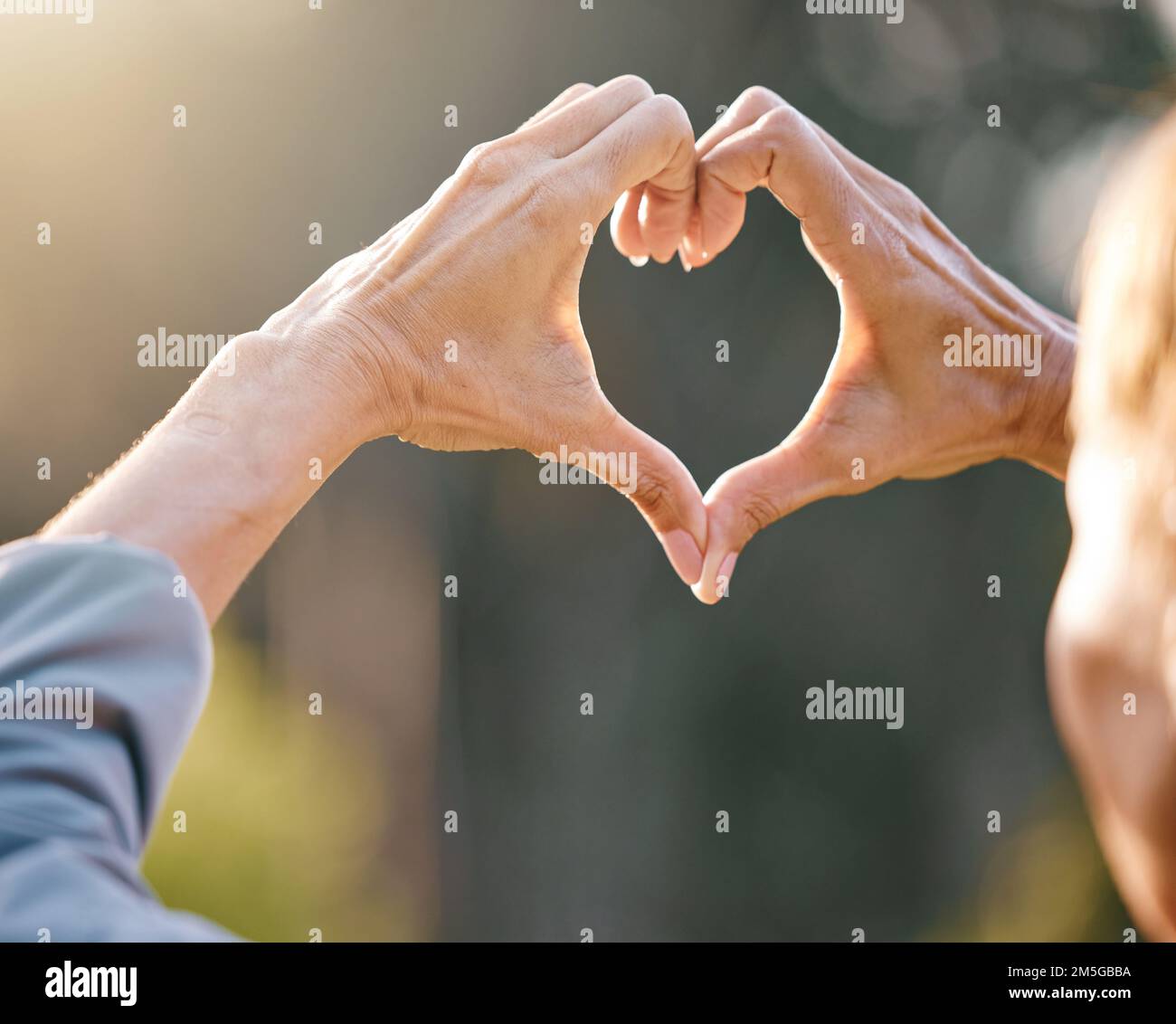 Hands, heart and people with a love sign in nature while on adventure ...