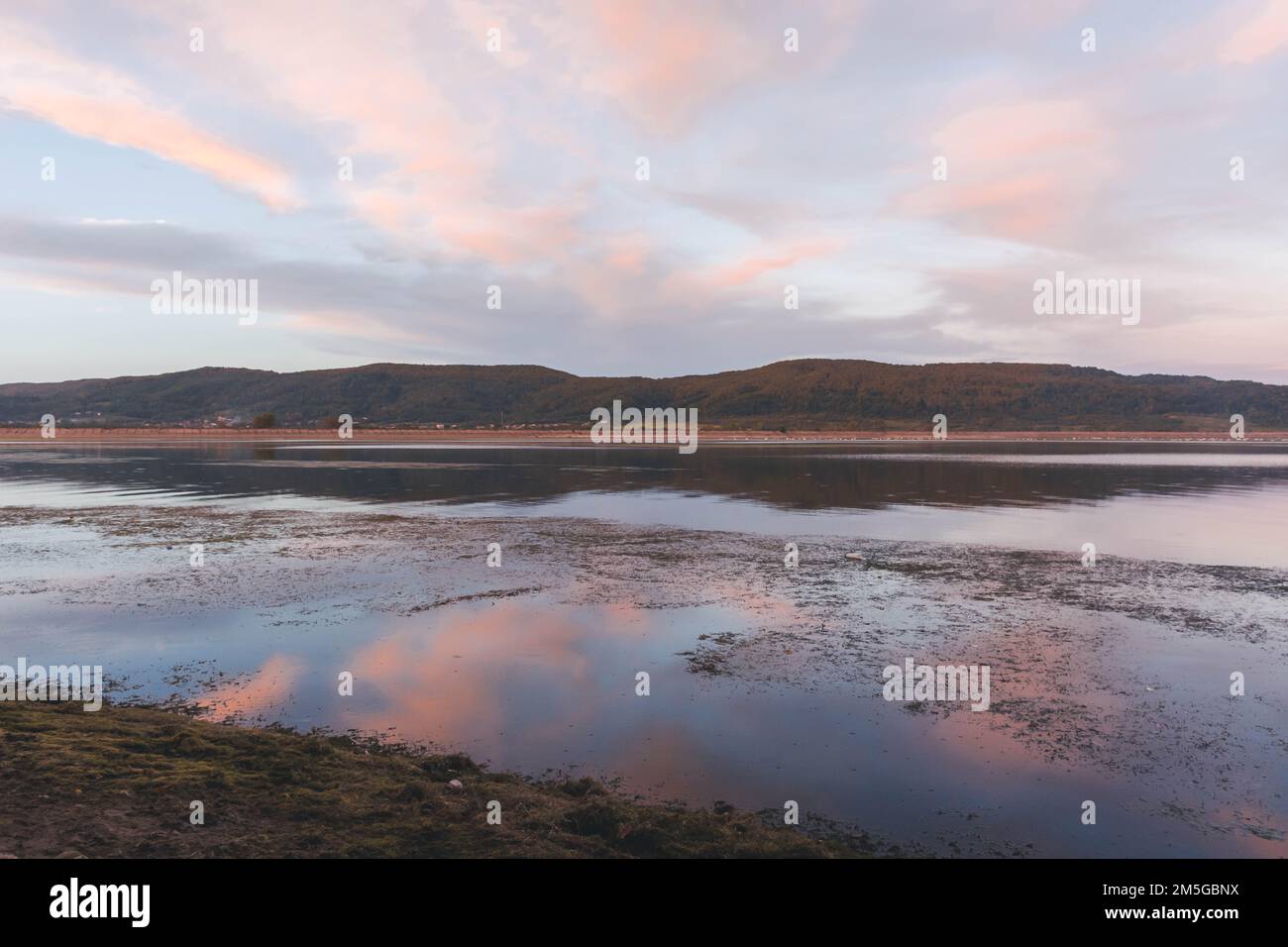 A scenic view of Valcelele lake in Arges county, Romania at pink sunset ...