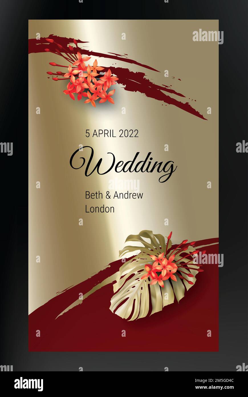 Tropical gold monstera leaf on red vintage background vector set ...