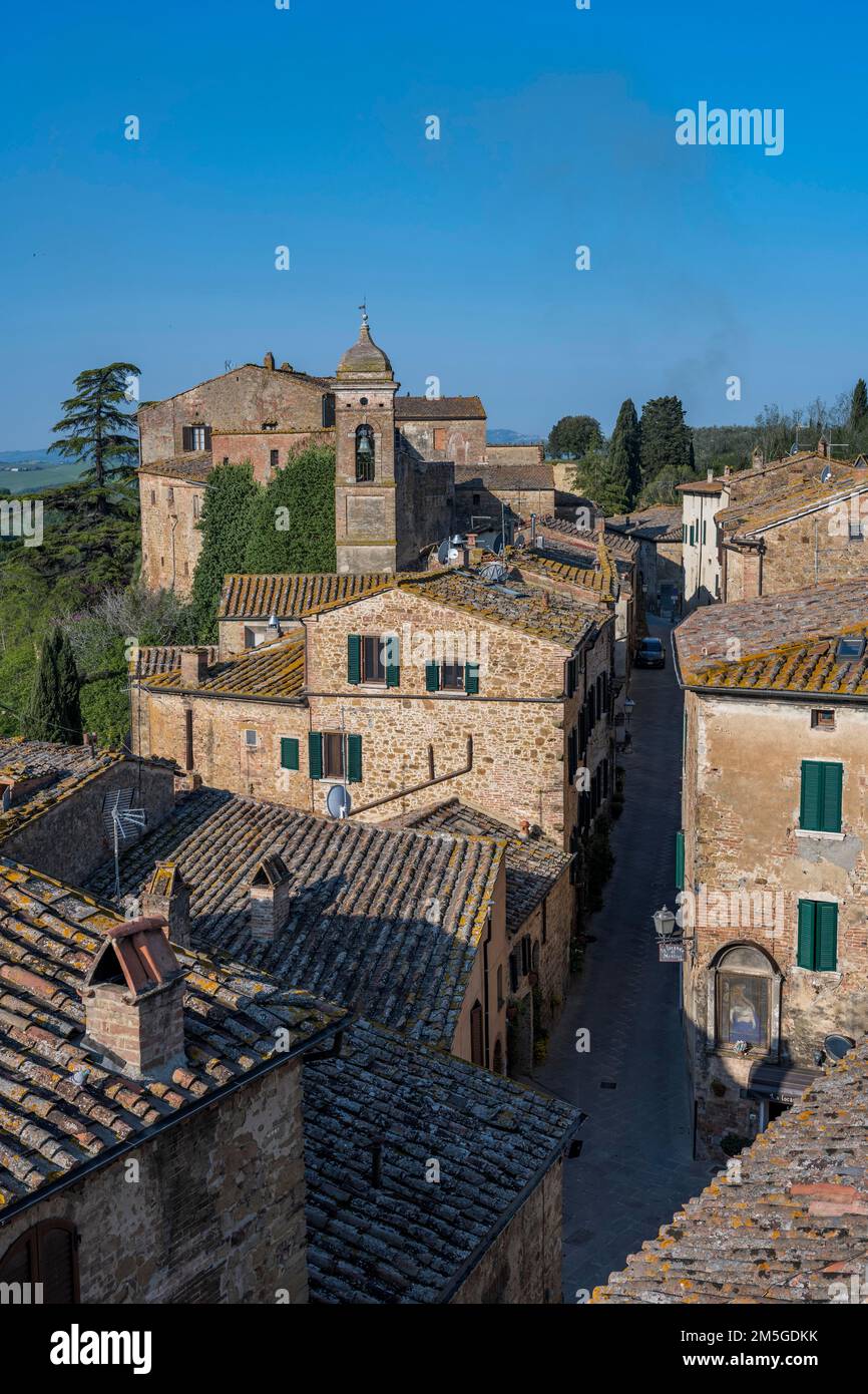Old stone houses with church, Montisi, Province of Siena, Tuscany ...
