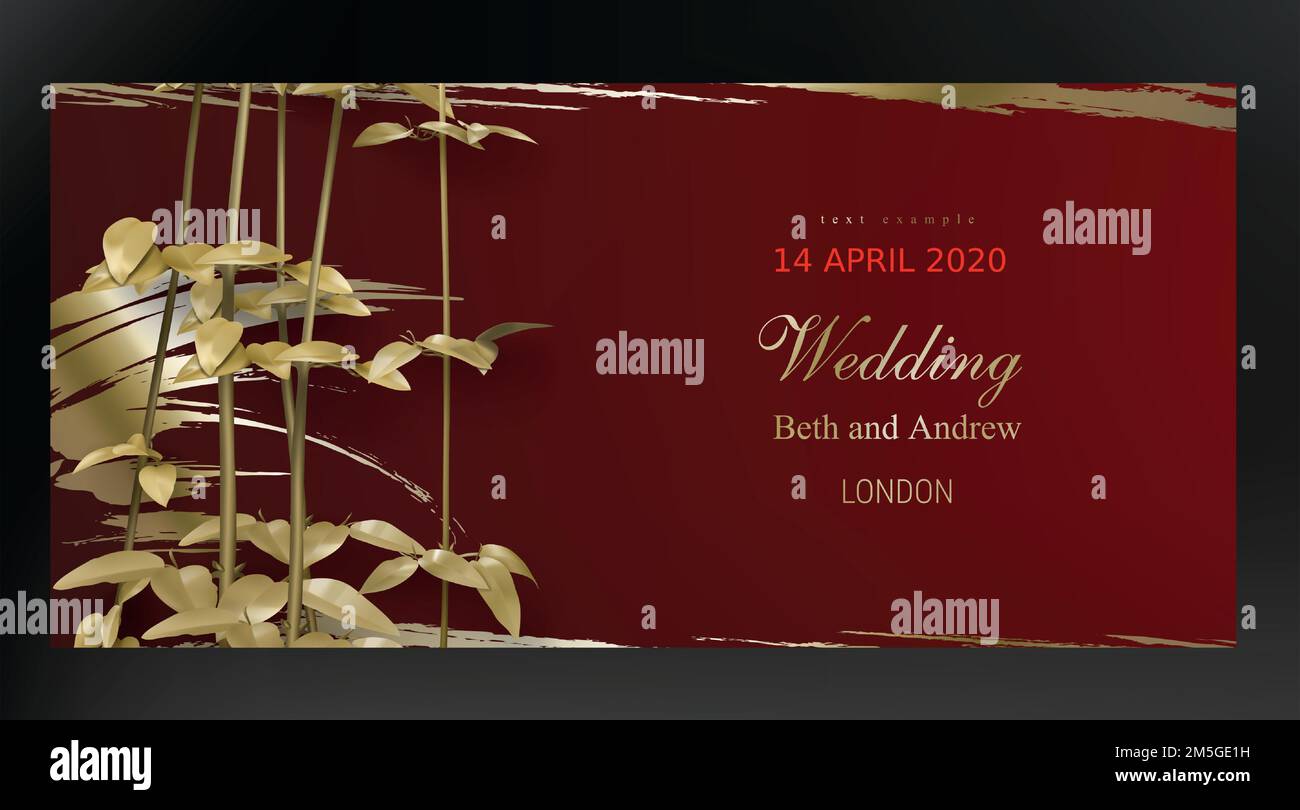 Tropical gold leaves on maroon background vector. Botanical exotic ...