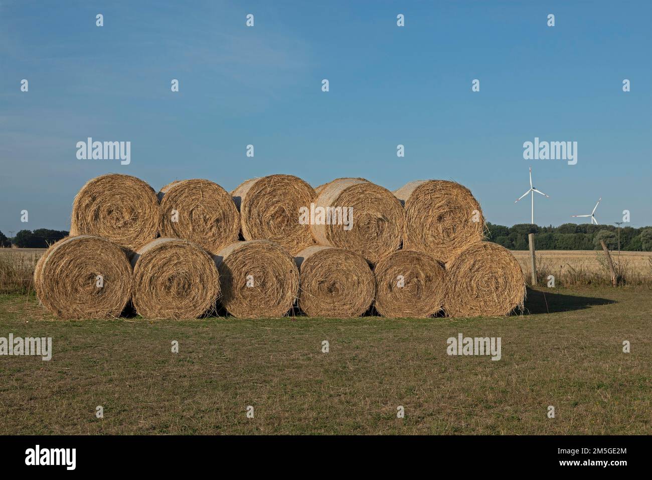Stack of round bales, straw, wind turbines, agriculture, Allerstorf ...