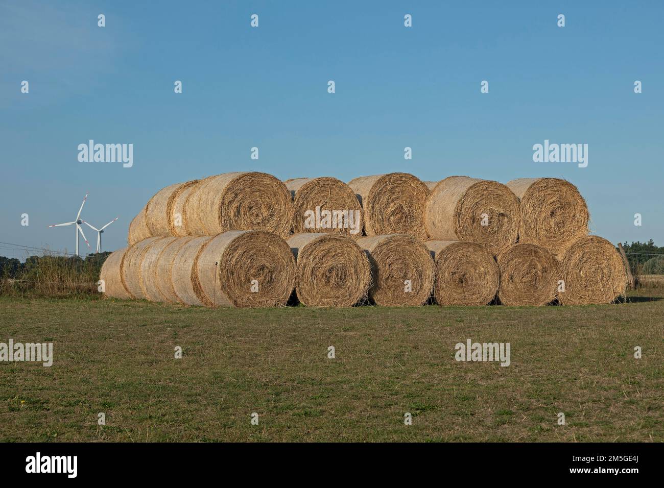 Stack of round bales, straw, wind turbines, agriculture, Allerstorf ...