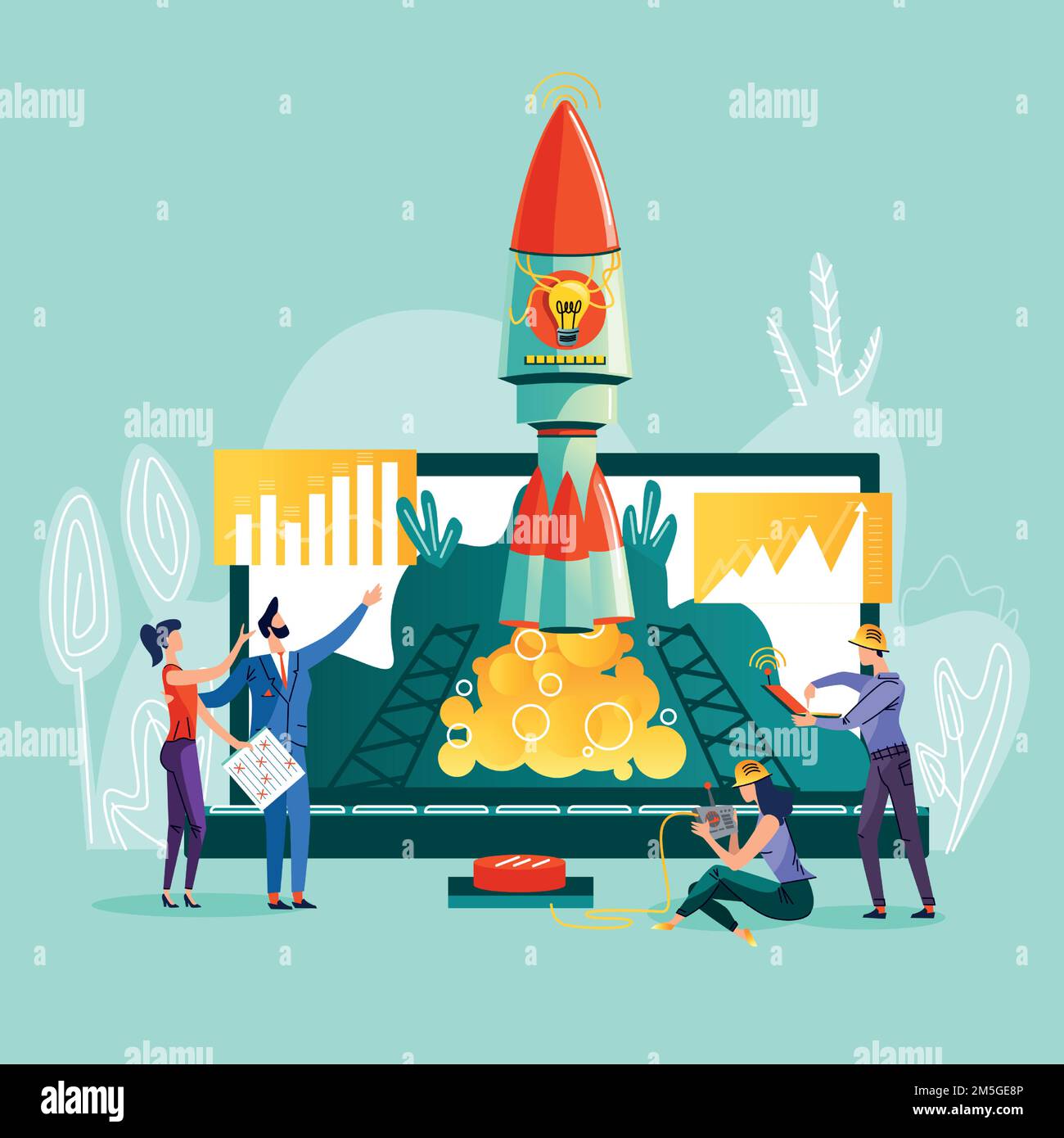Business start up concept vector illustration. Open laptop, rocket ...