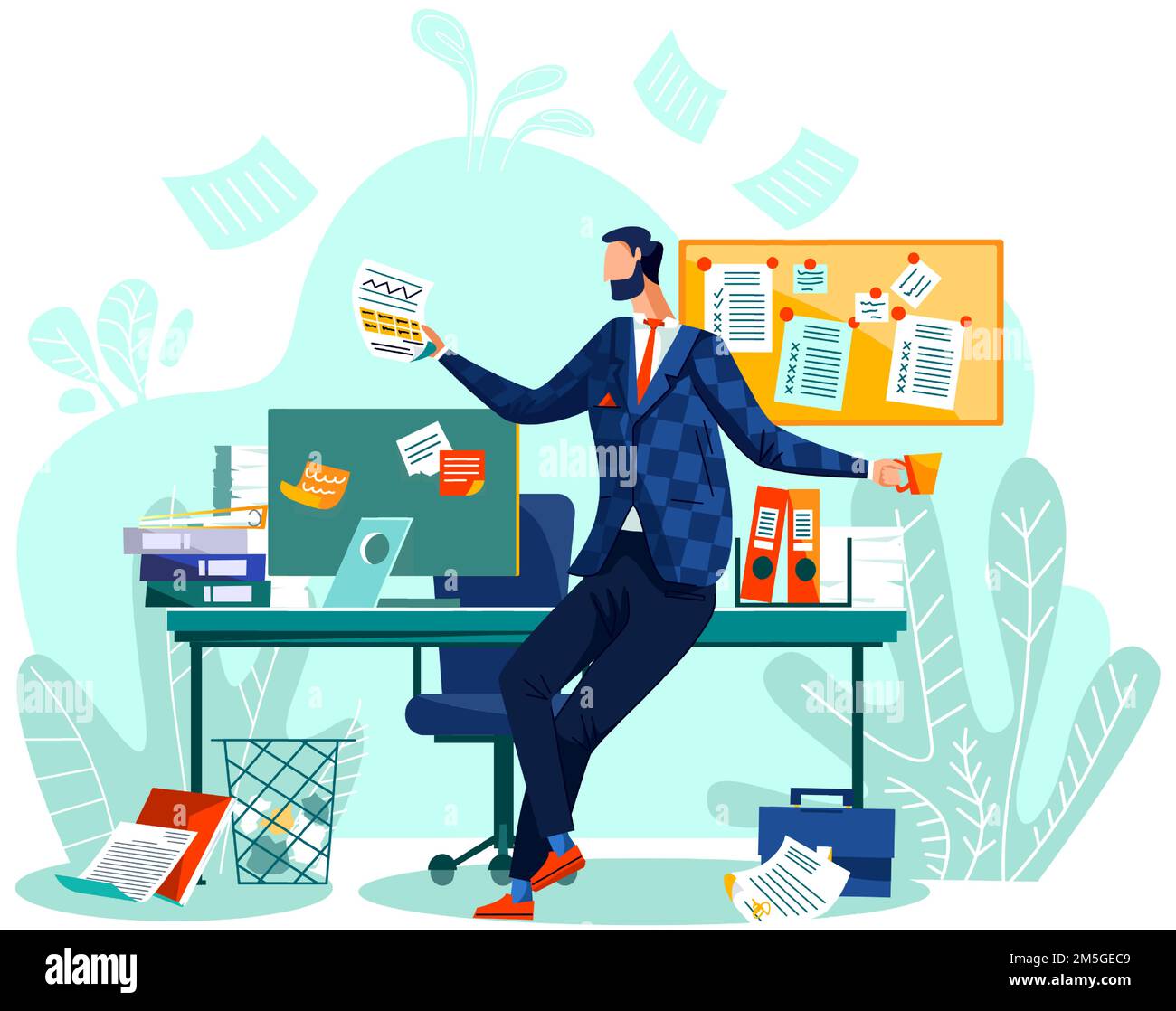 Deadline and time management business concept vector. Happy worker sits ...