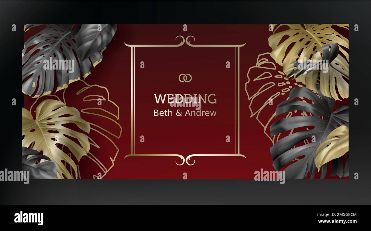 Tropical black gold monstera leaves on dark maroon background vector ...