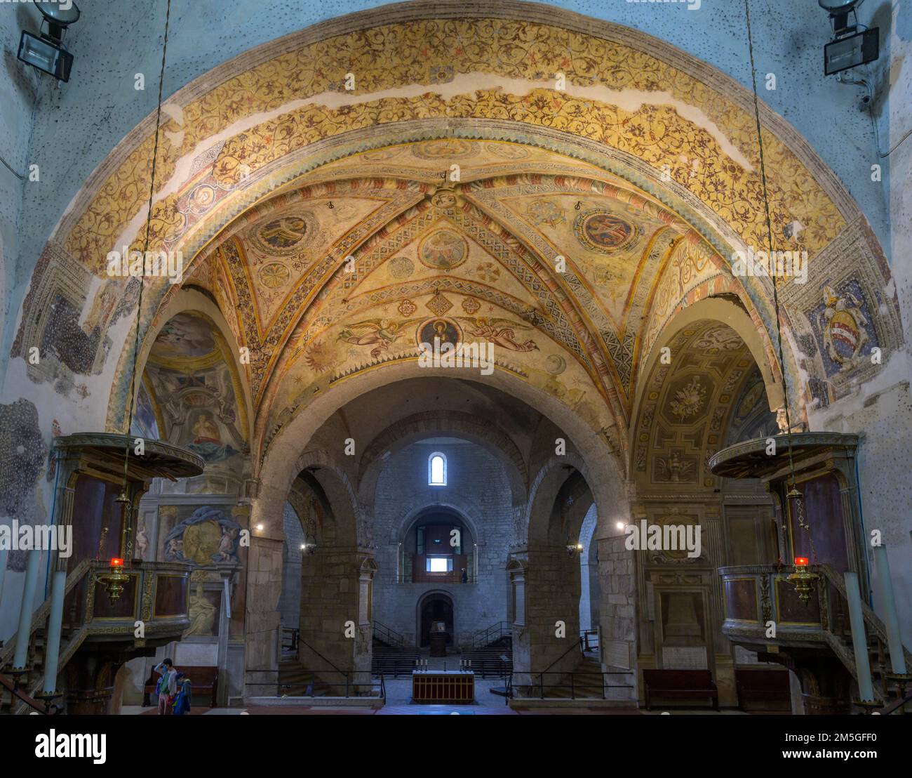 Interior view of old cathedral a Romanesque round temple, Brescia ...