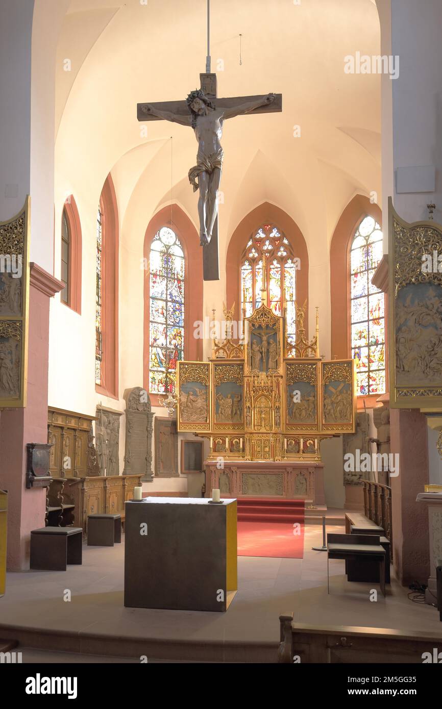 Interior view with Jesus cross in front of the chancel with folding ...