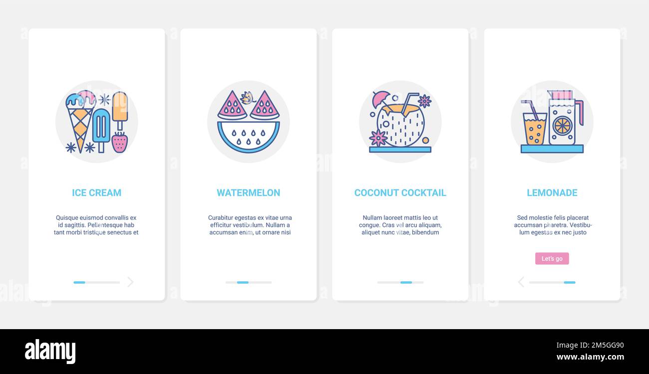 Summer sweet food and drink vector illustration. UI, UX onboarding ...