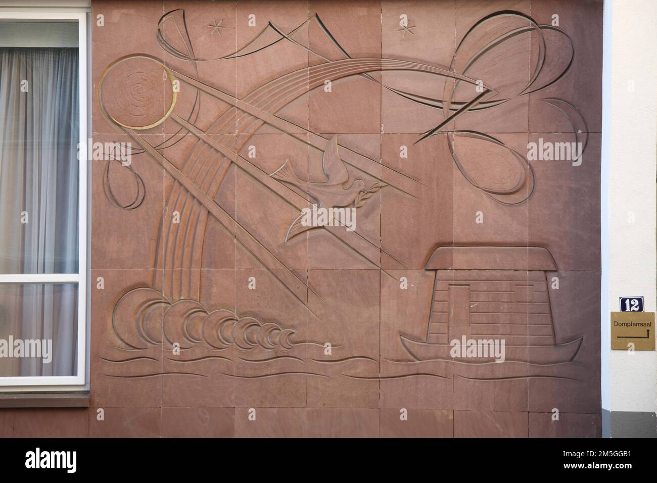 Sandstone relief on Domplatz, red, biblical, parable, ark, Noah, dove ...