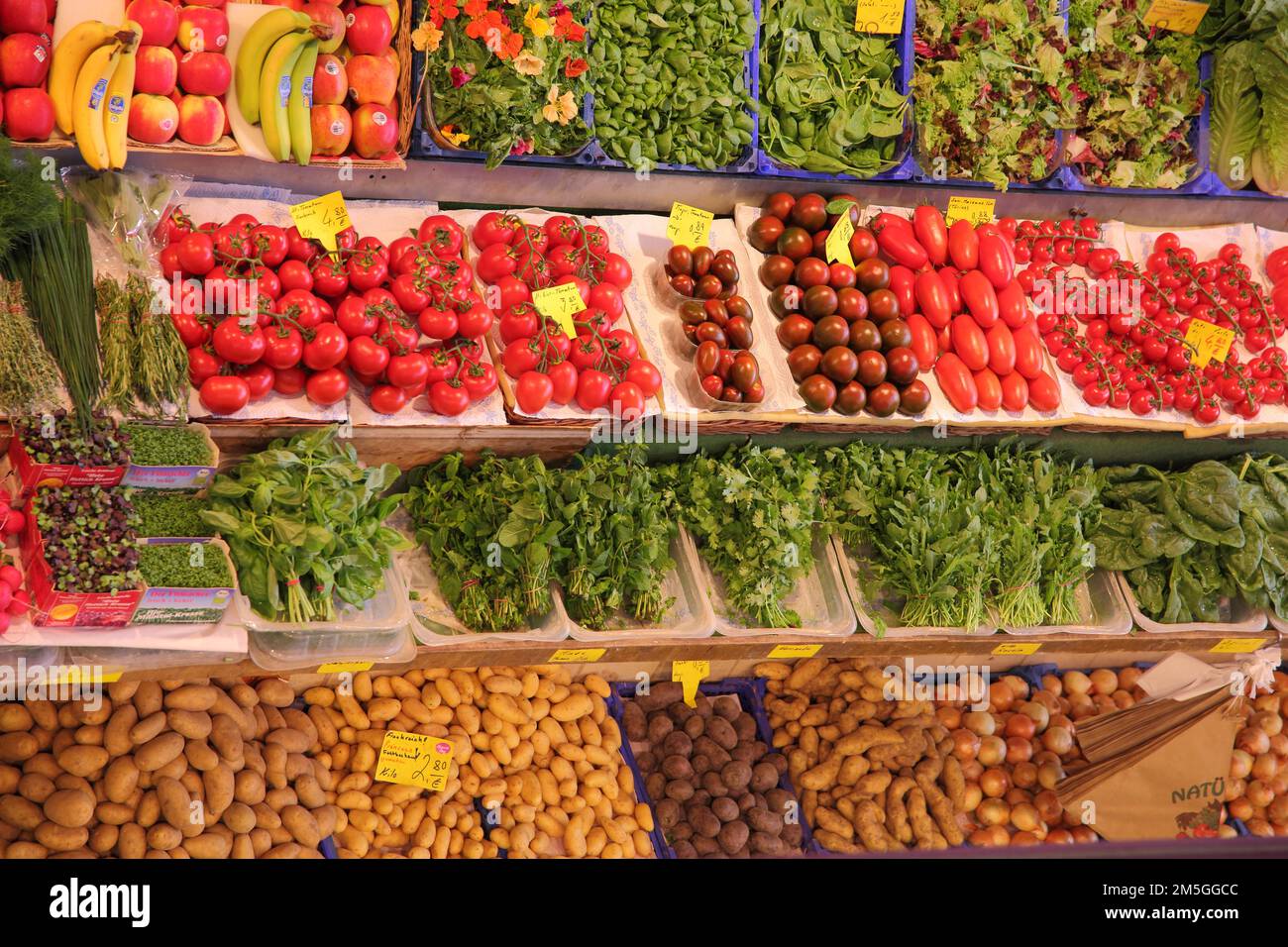 Fruit, vegetables, fruits, market stall and presentation of food ...