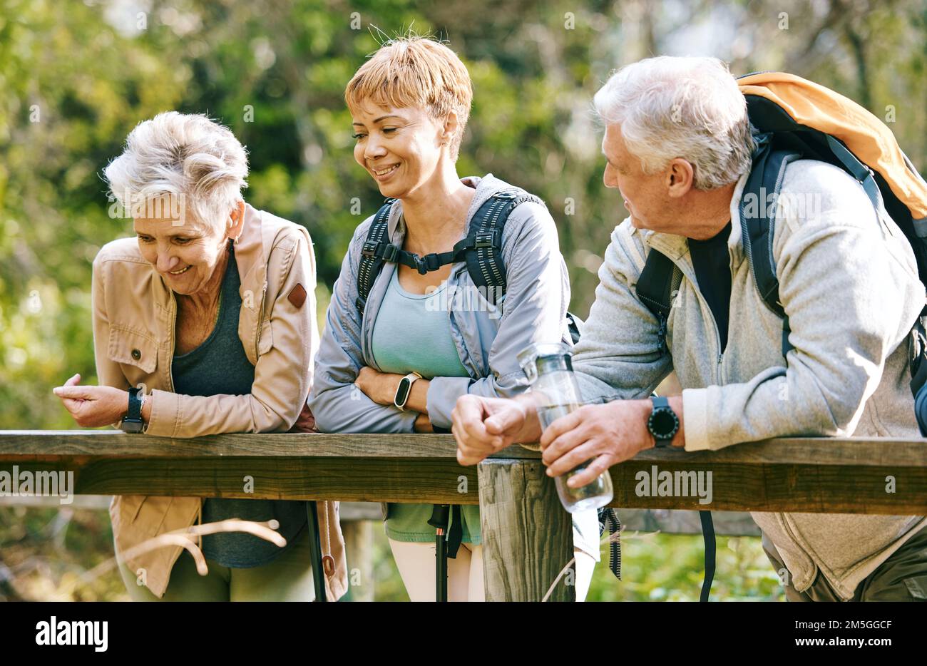 Elderly, people and hiking with fitness outdoor, friends together in ...