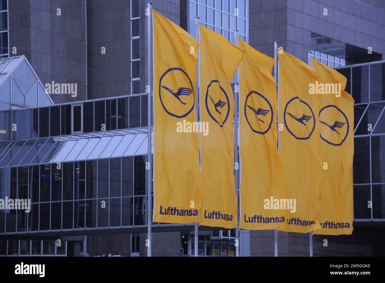 Lufthansa flags with emblem and inscription, airline at the airport ...